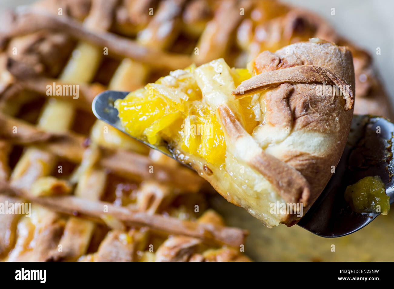 Scapula with a piece of cake citrus closeup Stock Photo - Alamy