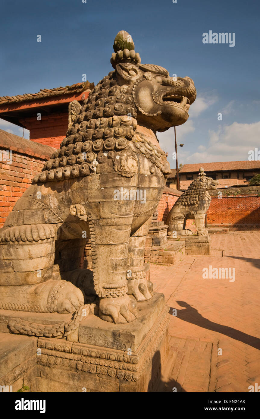 NEPAL, Kathmandu, Bhaktapur, lion statues outside Sree Padma Higher ...