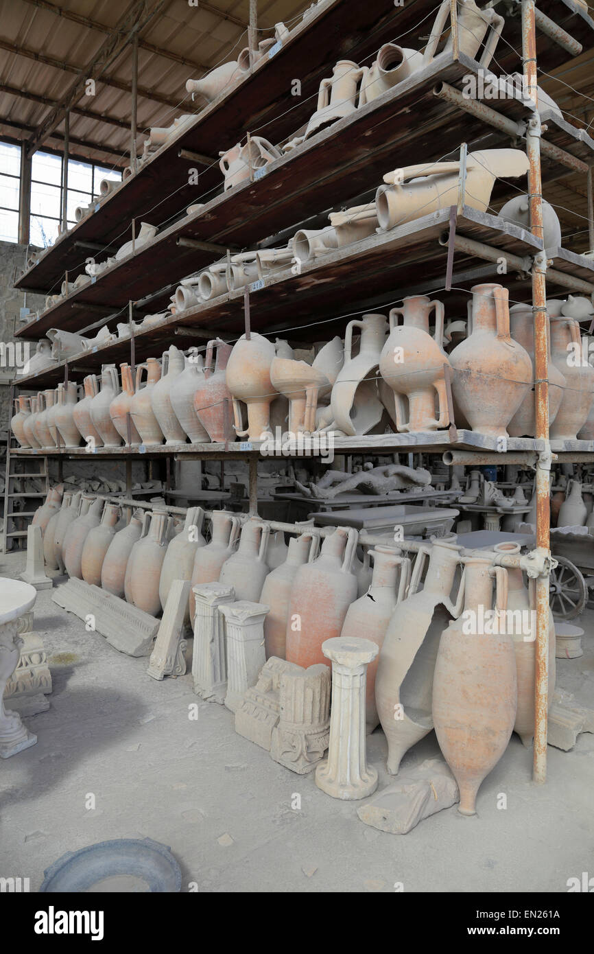Amphora and other archaeological material in the Granary, Pompeii ...