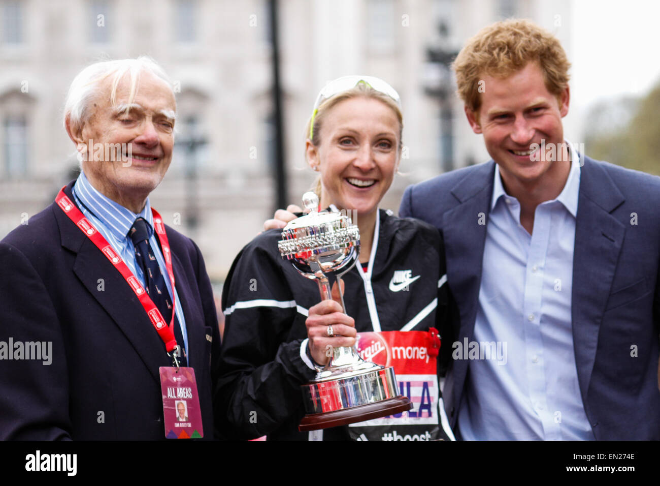 London, UK. 26th April 2015. John Disley, Paula Radcliffe and Prince ...
