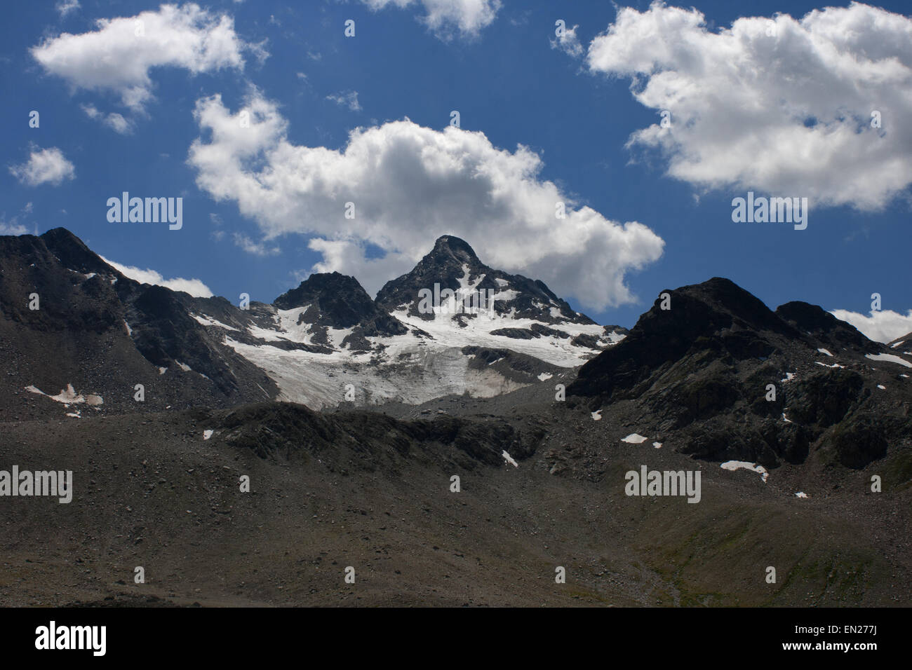 Fluella Wisshorn Switzerland Engadin Alps Scuol mountain peak with snow ...
