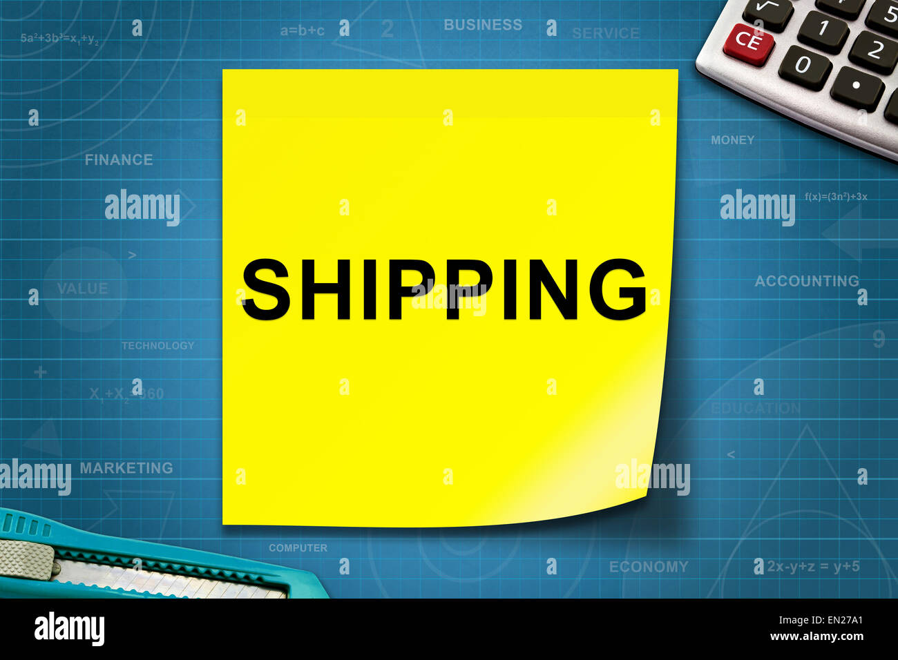 Shipping text on yellow note with graph paper Stock Photo - Alamy