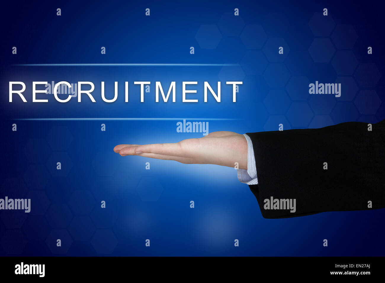 recruitment button with business hand on blue background Stock Photo ...