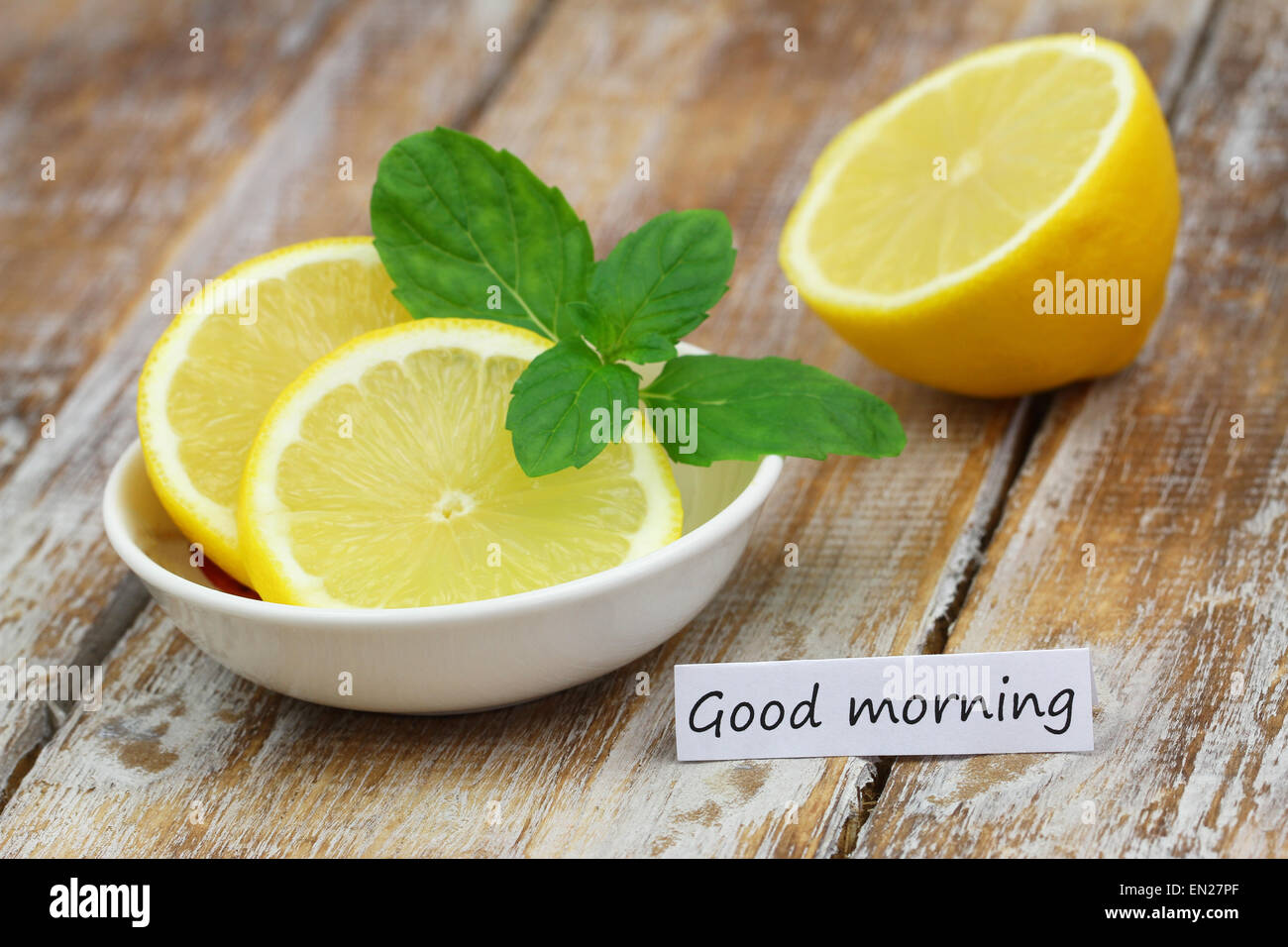 Good morning card with fresh lemon and mint leaves Stock Photo - Alamy