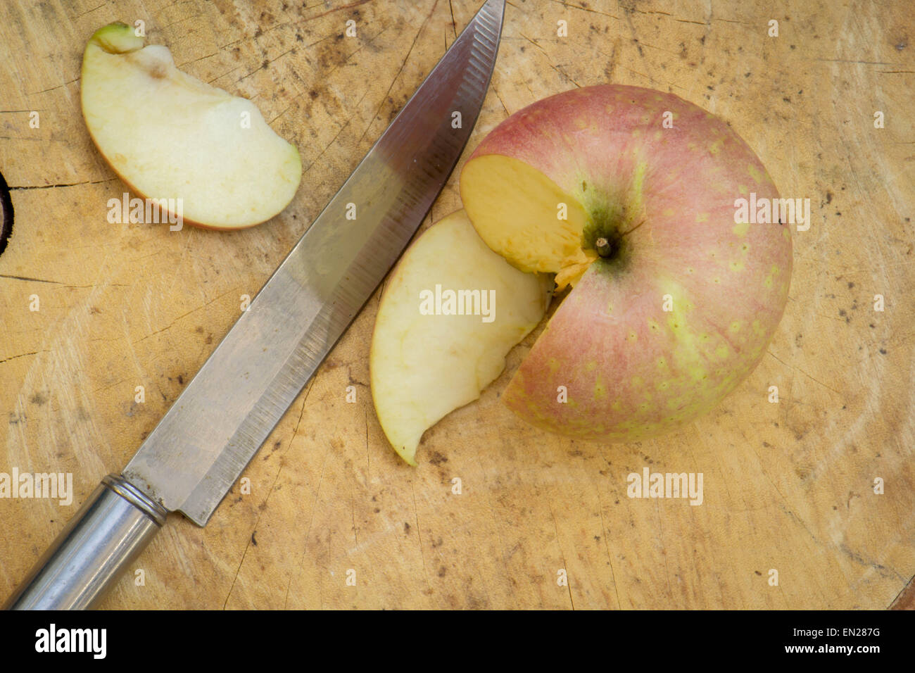 TheApple, knives, wooden flooring, textures, cuts, breaks Stock Photo ...
