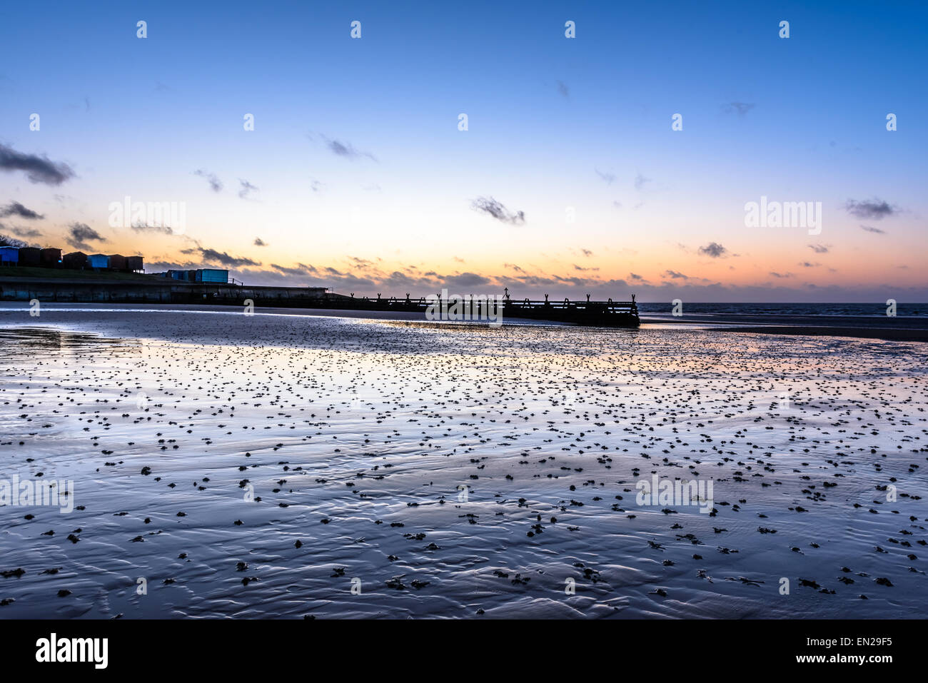 An early morning scene on the beach at low tide with the sun rising on ...