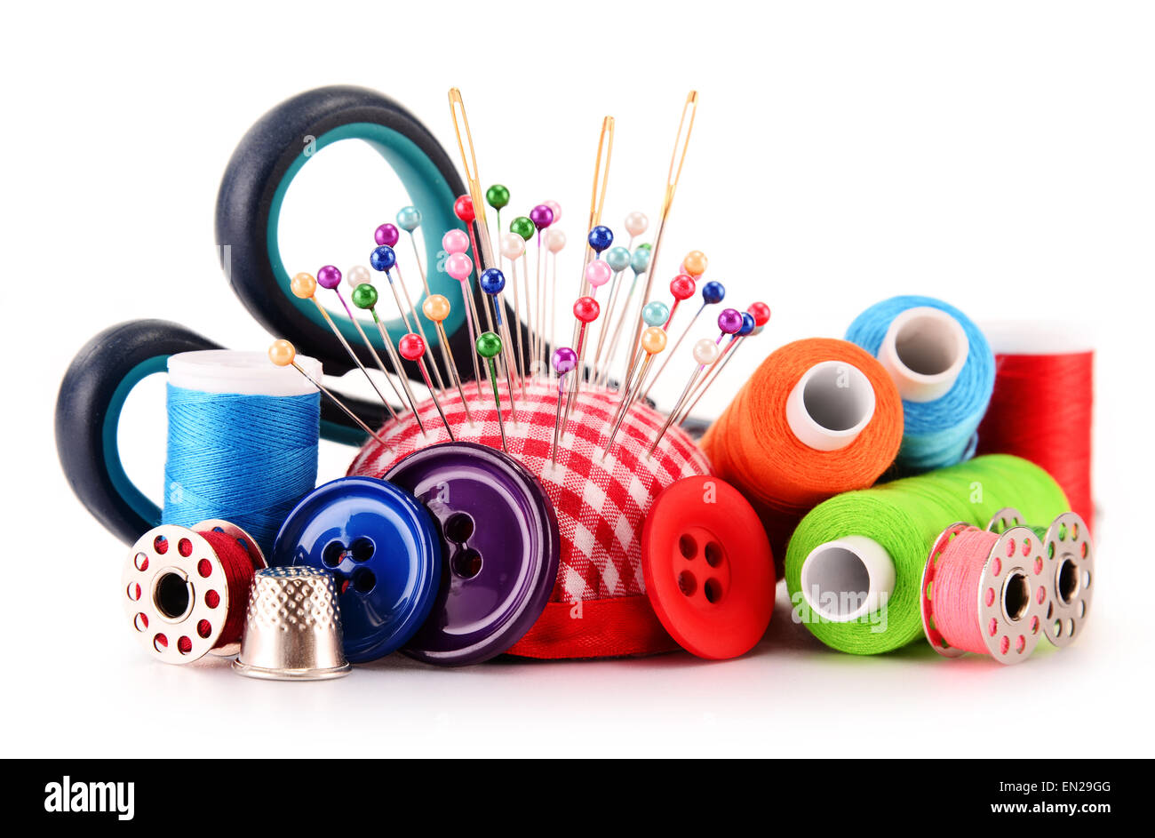 Composition with tailor threads isolated on white background Stock ...