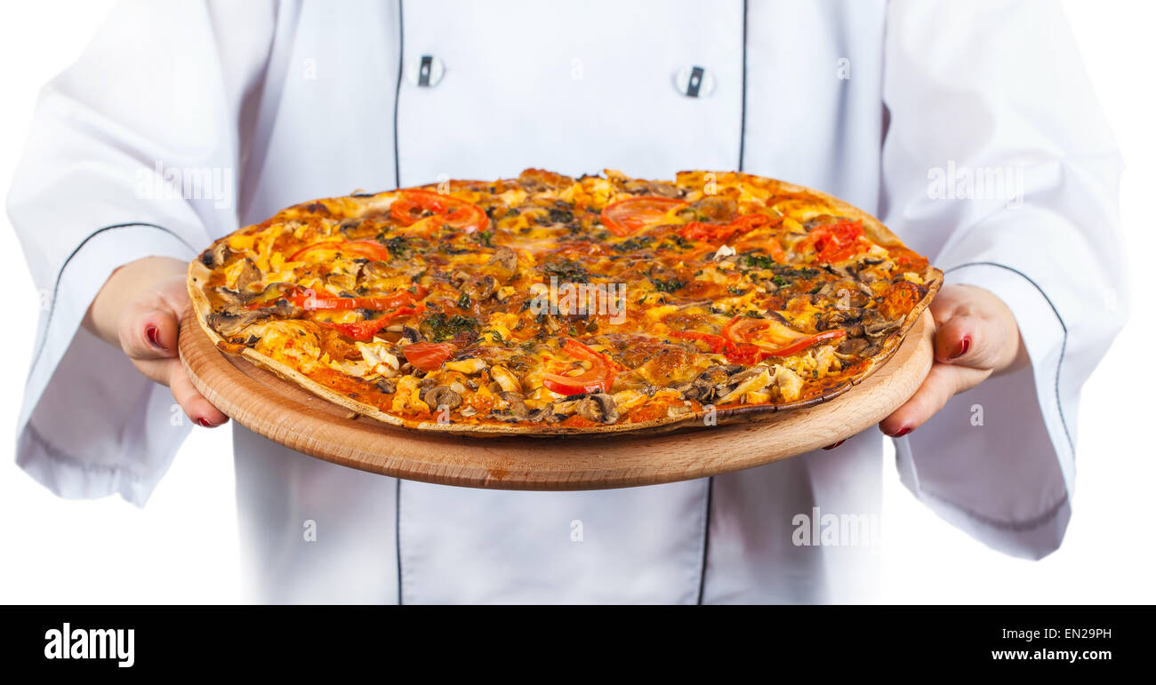 chef holds in hands fresh pizza closeup Stock Photo - Alamy