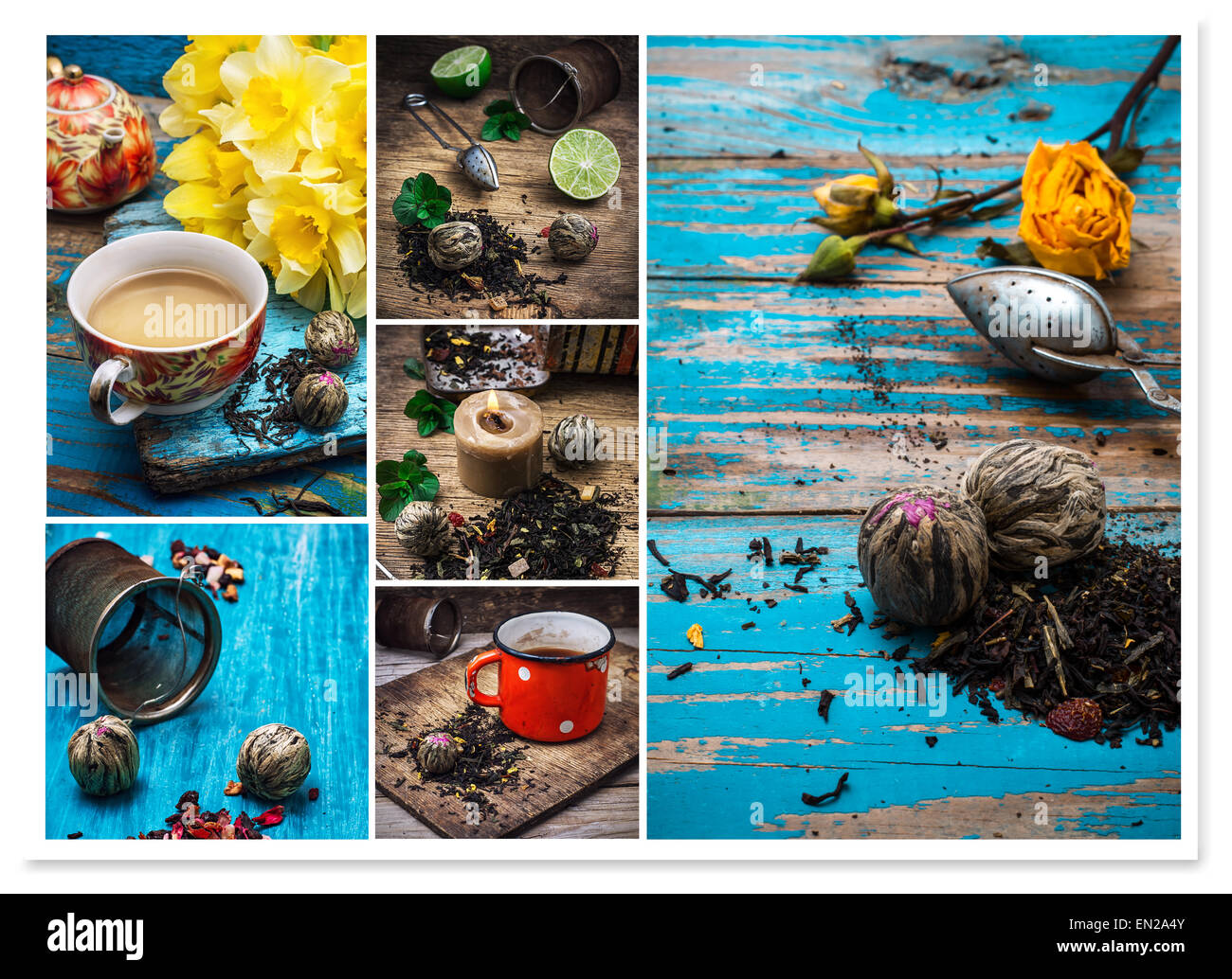 collage of tea paraphernalia and scattered leaves on wooden table Stock ...