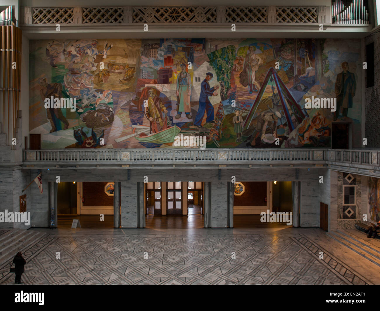 General view of the Central Hall of Oslo City Hall with wall fresco by ...