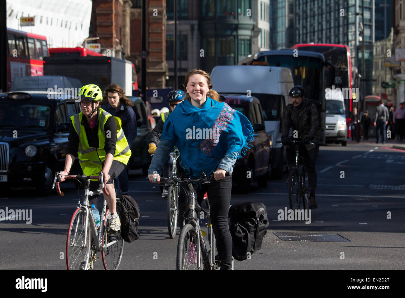 London cyclists at traffic lights during morning rush hour Stock Photo ...
