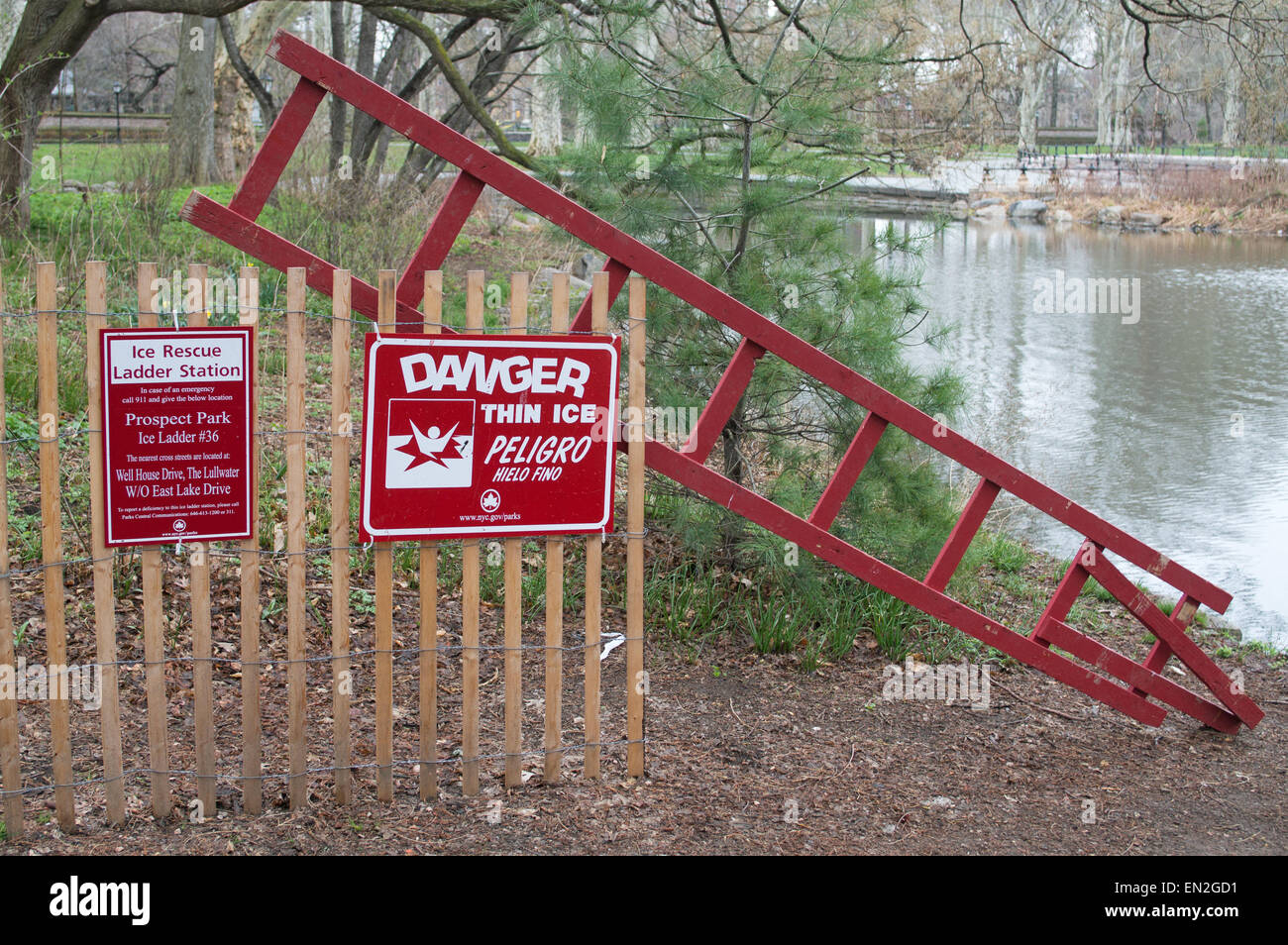 Ice rescue station ladder and Danger Thin Ice sign, in Prospect Park ...