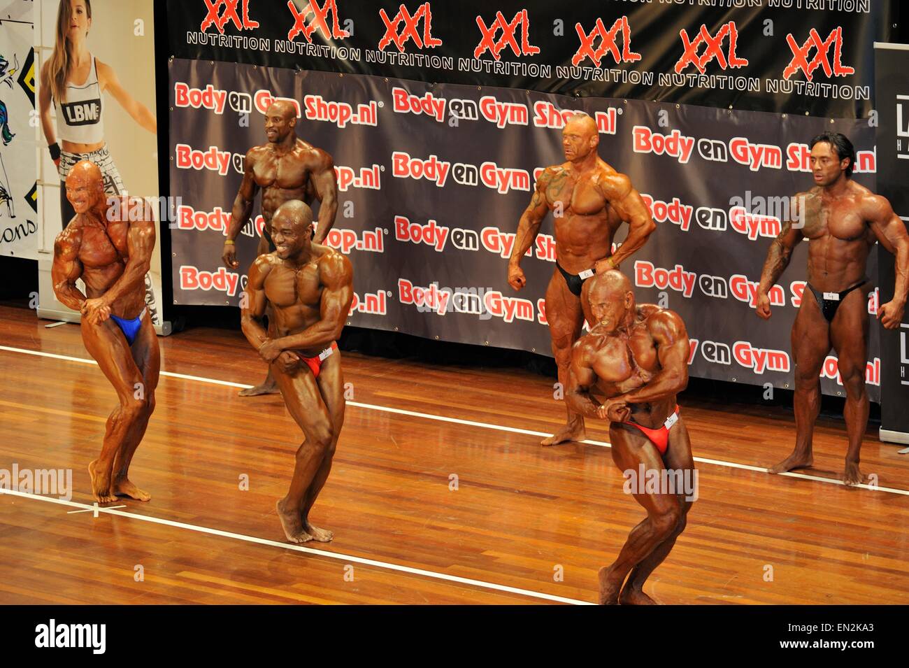 Schiedam, the Netherlands. 26th April, 2015. Male bodybuilders showing ...