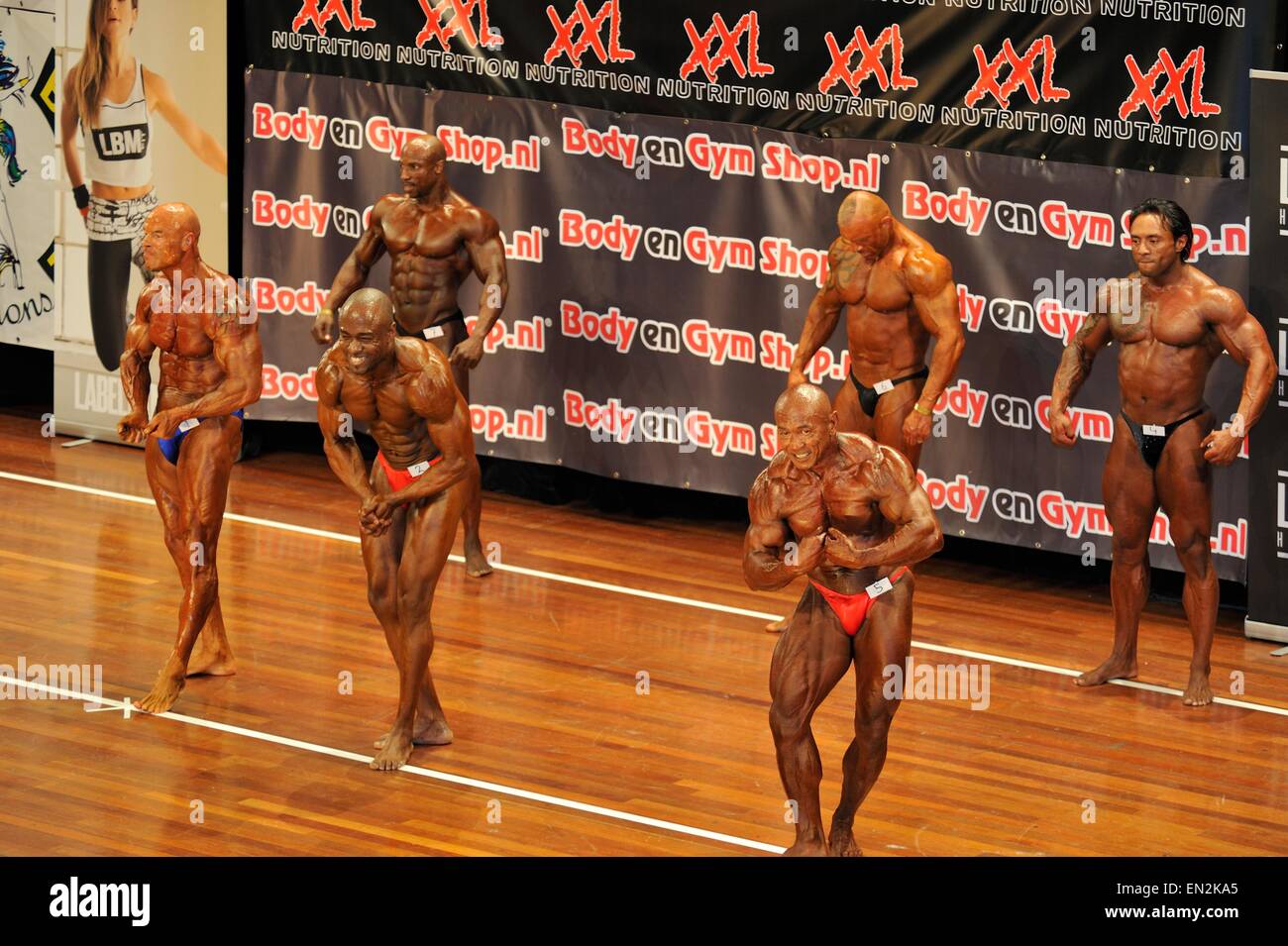 Schiedam, the Netherlands. 26th April, 2015. Male bodybuilders showing ...