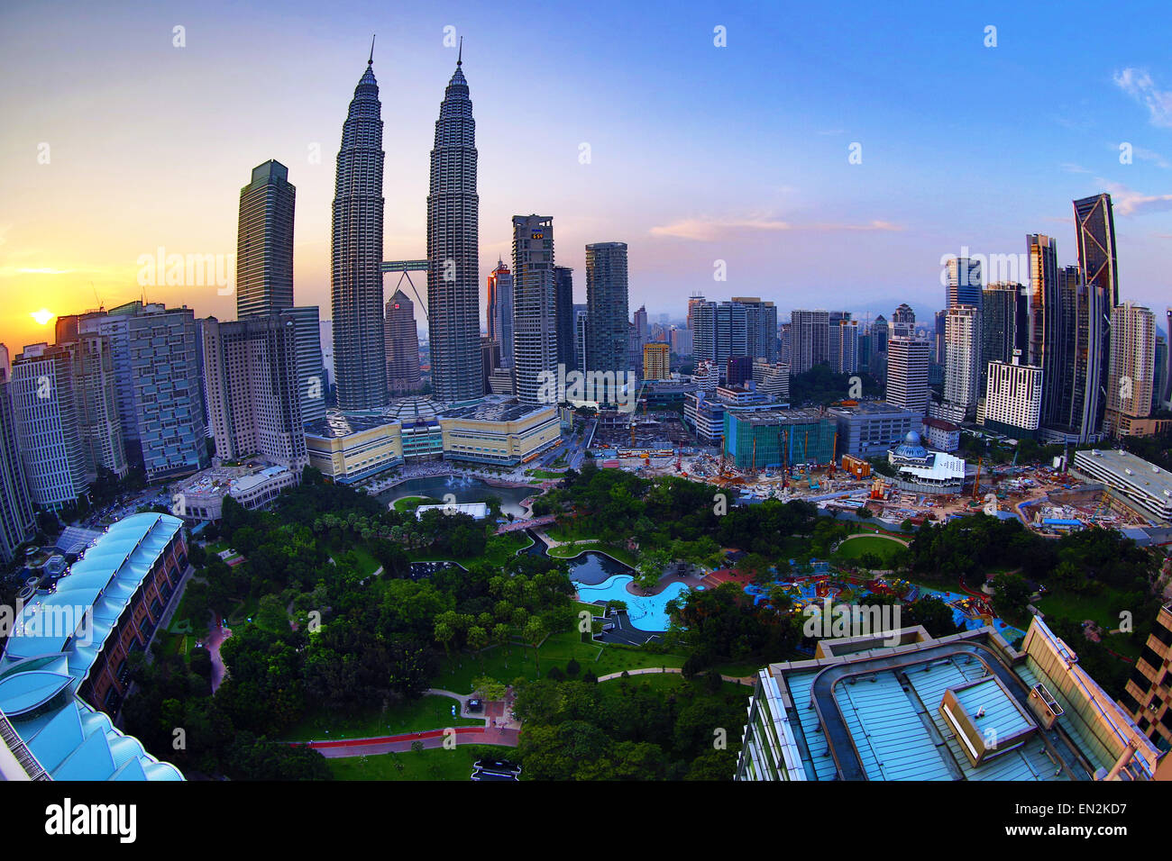 Petronas Twin Towers skyscrapers at sunset, KLCC, Kuala Lumpur ...