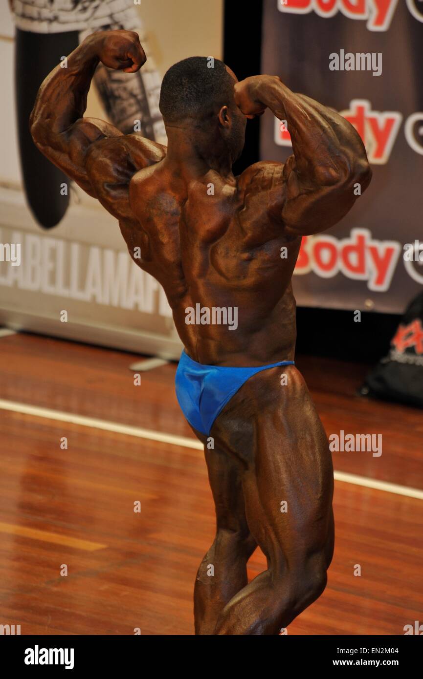 Schiedam, the Netherlands. 26th April, 2015. Male bodybuilder showing ...