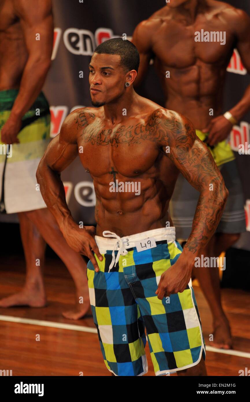 Schiedam, the Netherlands. 26th April, 2015. Male bodybuilder showing ...