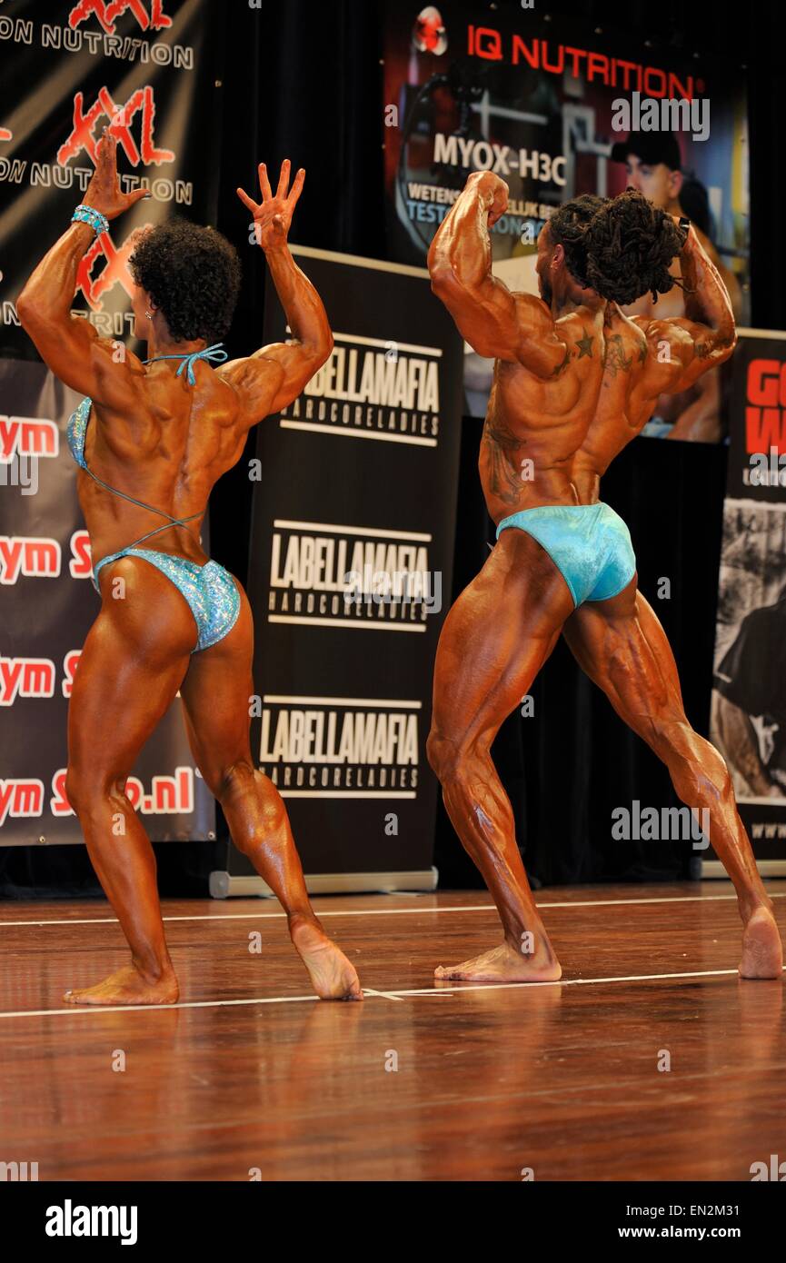 Schiedam, the Netherlands. 26th April, 2015. Male and Female bodybuilder showing their best in a ...