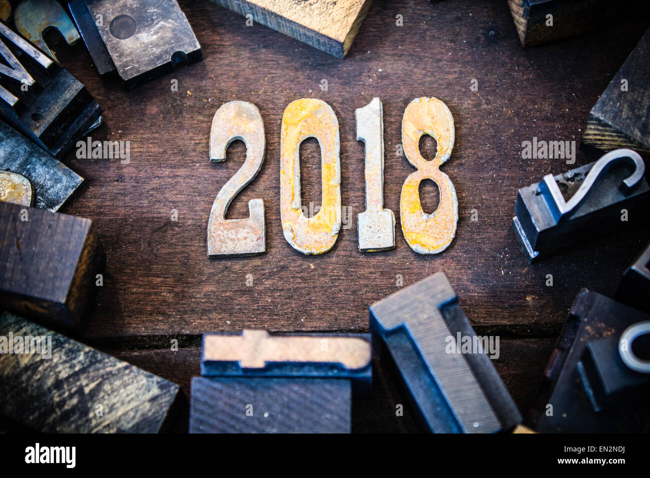 The year 2018 written in rusted metal letters surrounded by vintage ...