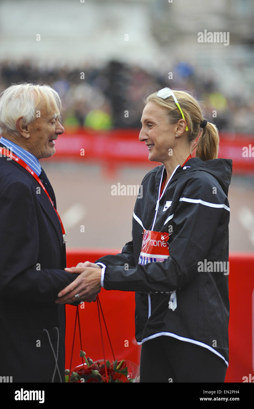 London, UK. 26th Apr, 2015. Paula Radcliffe shaking hands with John ...