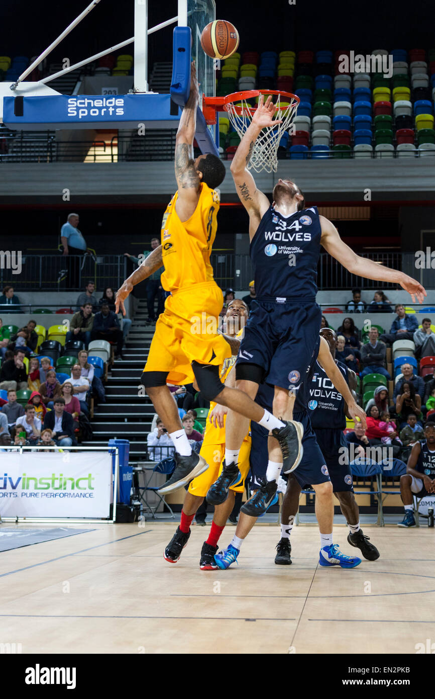 London, UK. 26th April 2015. London Lions forward Andrew Sullivan jumps ...