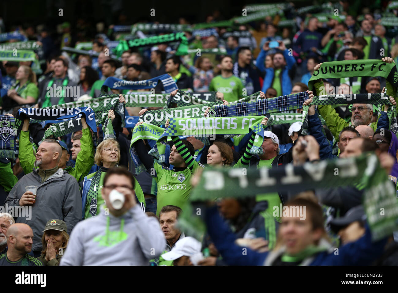 Seattle, Washington, USA. 26th Apr, 2015. Sounders fans hold up their ...