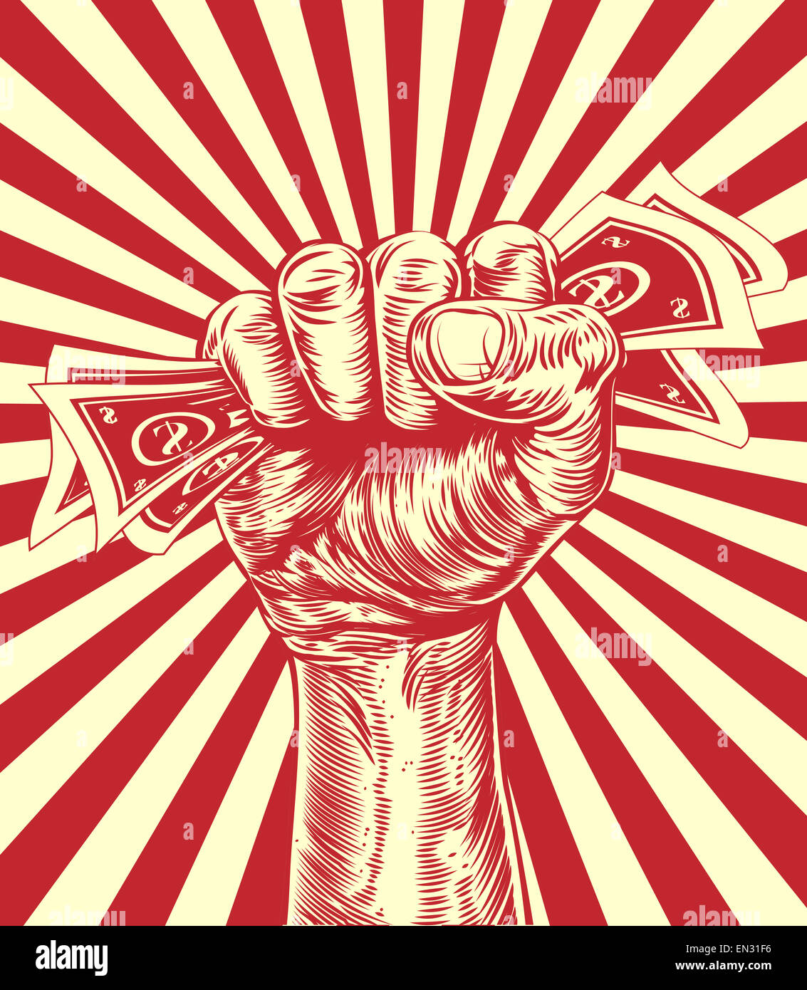 An original design of a fist holding money in a vintage propaganda ...
