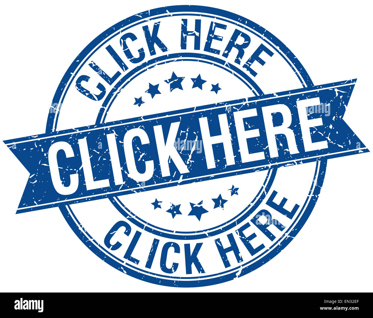 click here grunge retro blue isolated ribbon stamp Stock Photo - Alamy