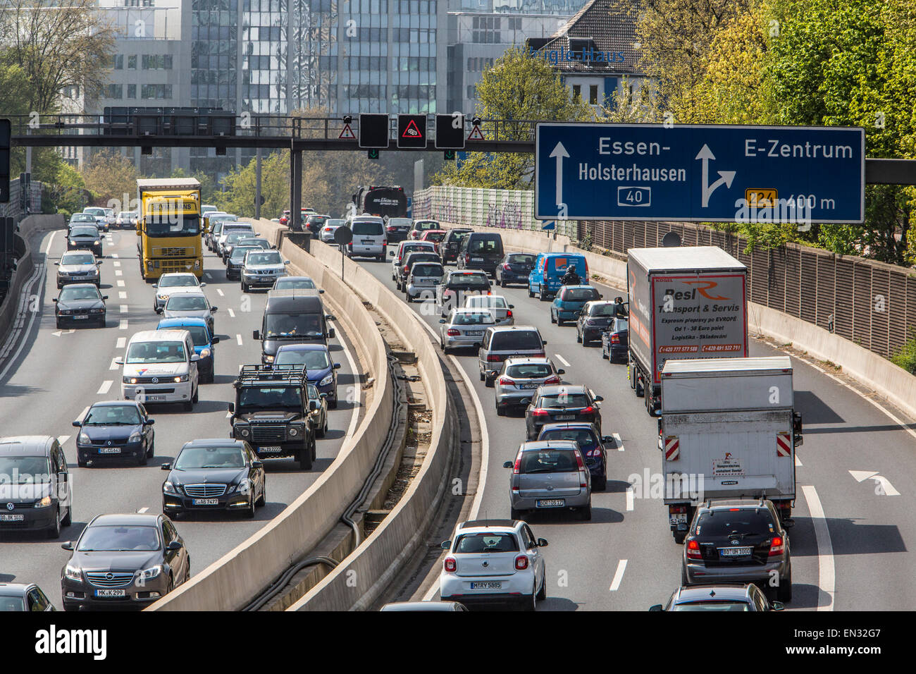 Motorway, Autobahn, A40, in the city of Essen, traffic jam in both ...