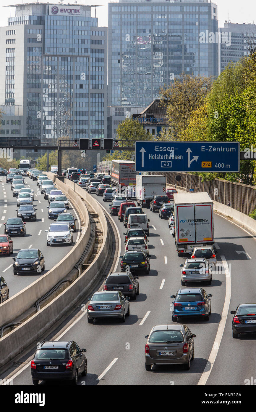 Motorway, Autobahn, A40, in the city of Essen, traffic jam in both ...