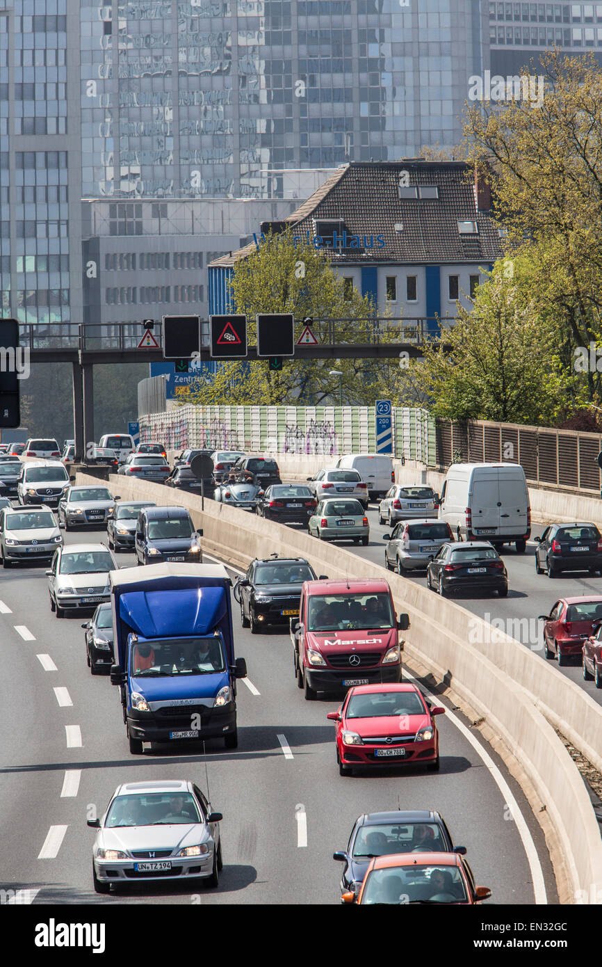 Motorway, Autobahn, A40, in the city of Essen, traffic jam in both ...