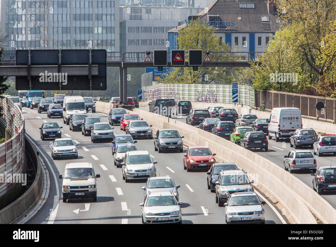 Motorway, Autobahn, A40, in the city of Essen, traffic jam in both ...