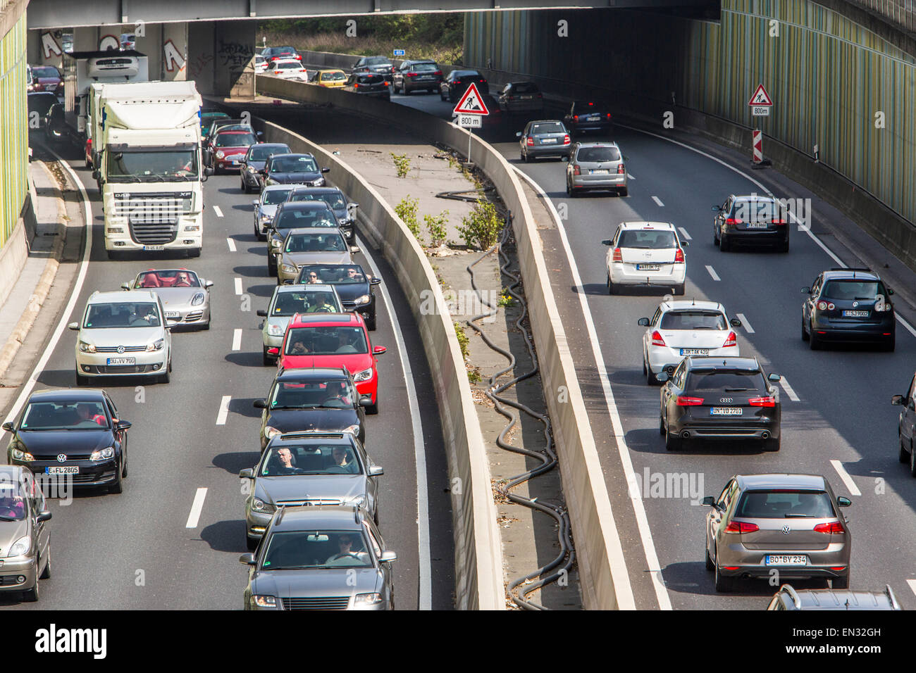 Motorway, Autobahn, A40, in the city of Essen, traffic jam in both ...