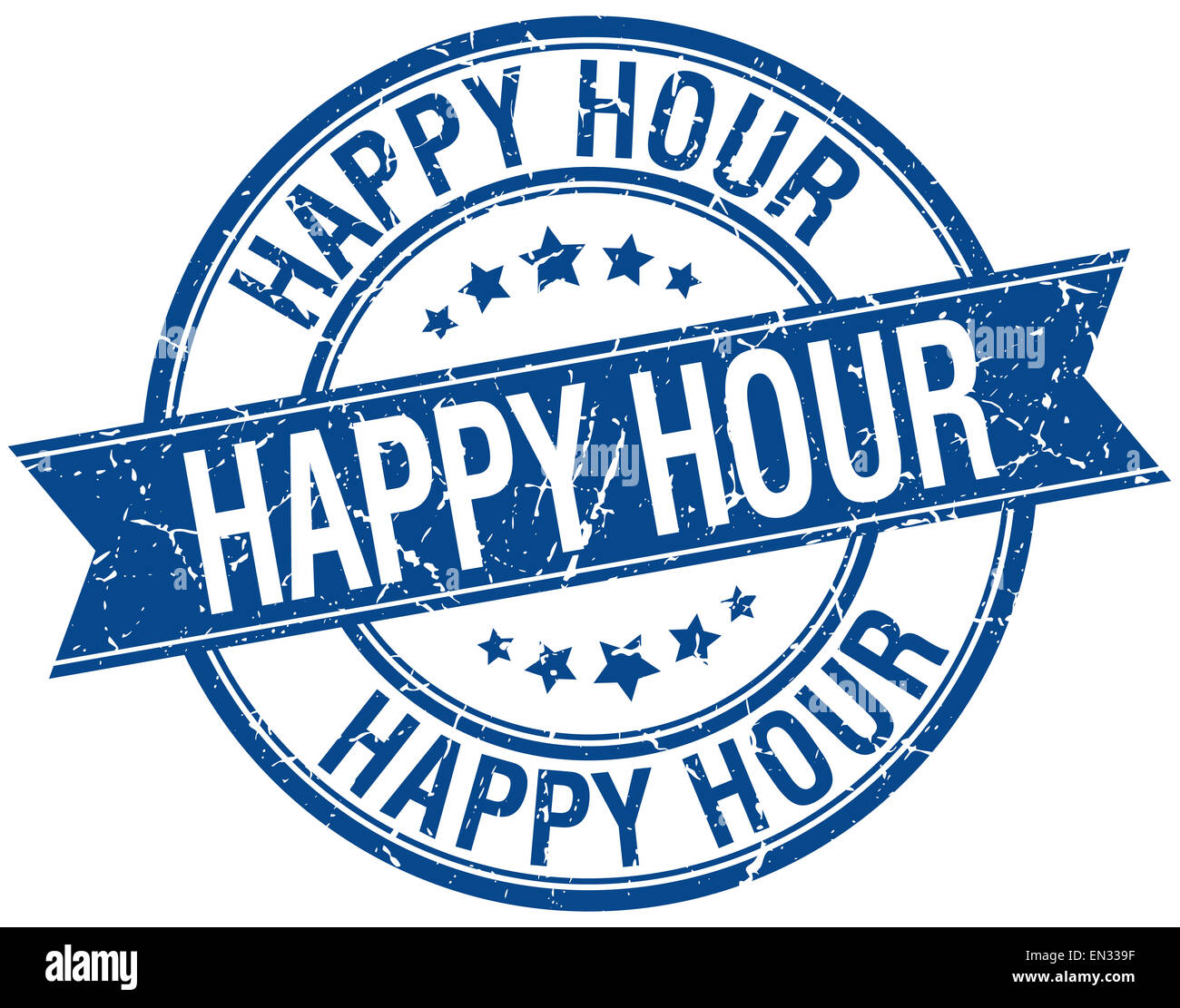 happy hour grunge retro blue isolated ribbon stamp Stock Photo - Alamy