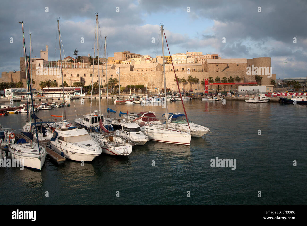 Yachts in harbour and old walled fortress Melilla la Vieja, Melilla ...
