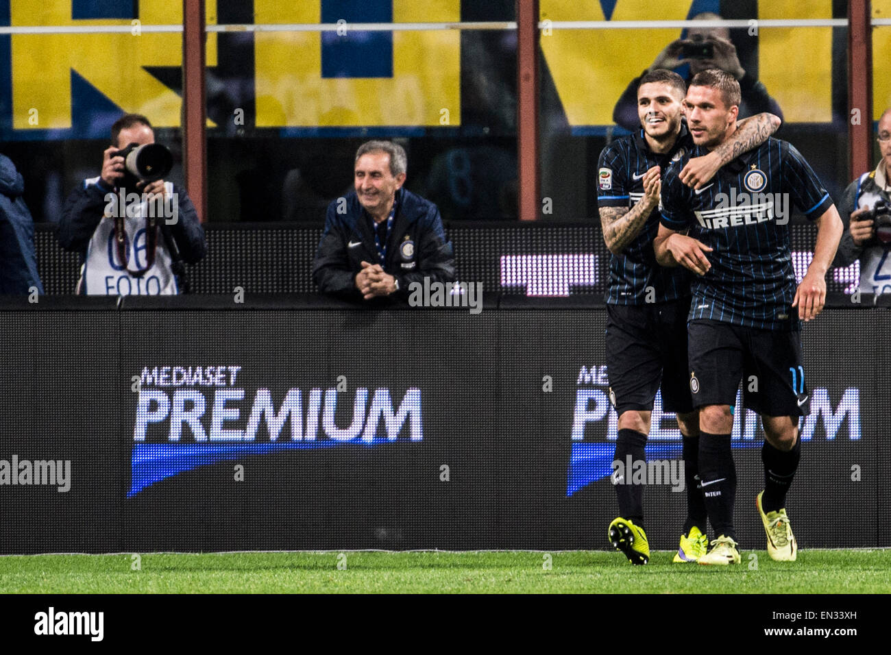 Milan, Italy. 25th Apr, 2015. (L-R) Mauro Icardi, Lukas Podolski (Inter ...