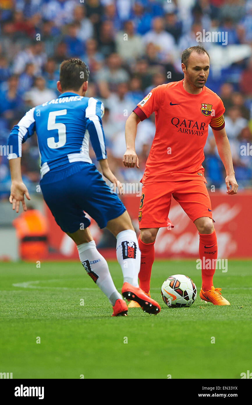 Andres Iniesta (FC Barcelona) duels for the ball against Alvarez (RCD ...