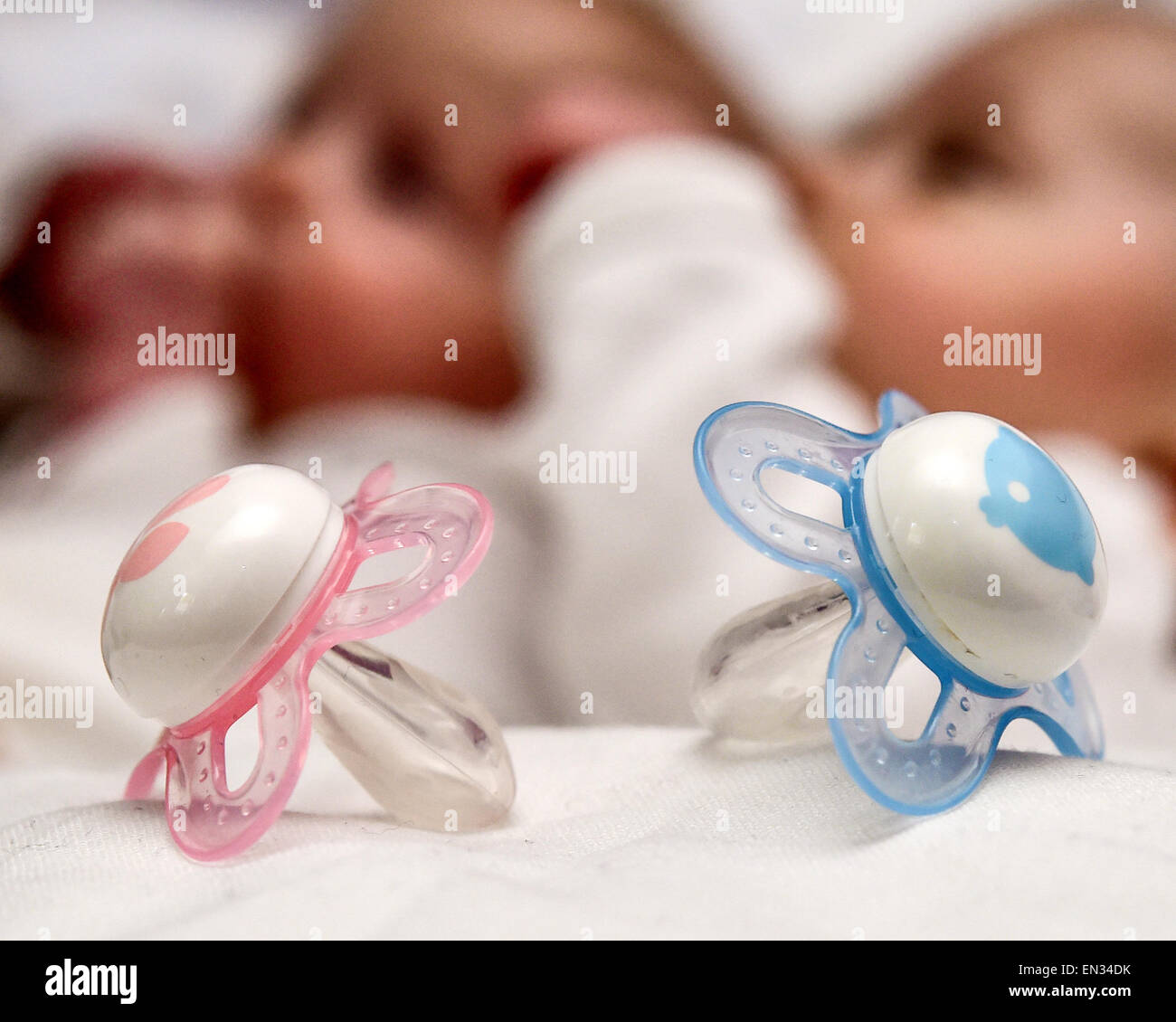 Twins lie in a baby bed and pink and blue pacifiers lie in front of ...