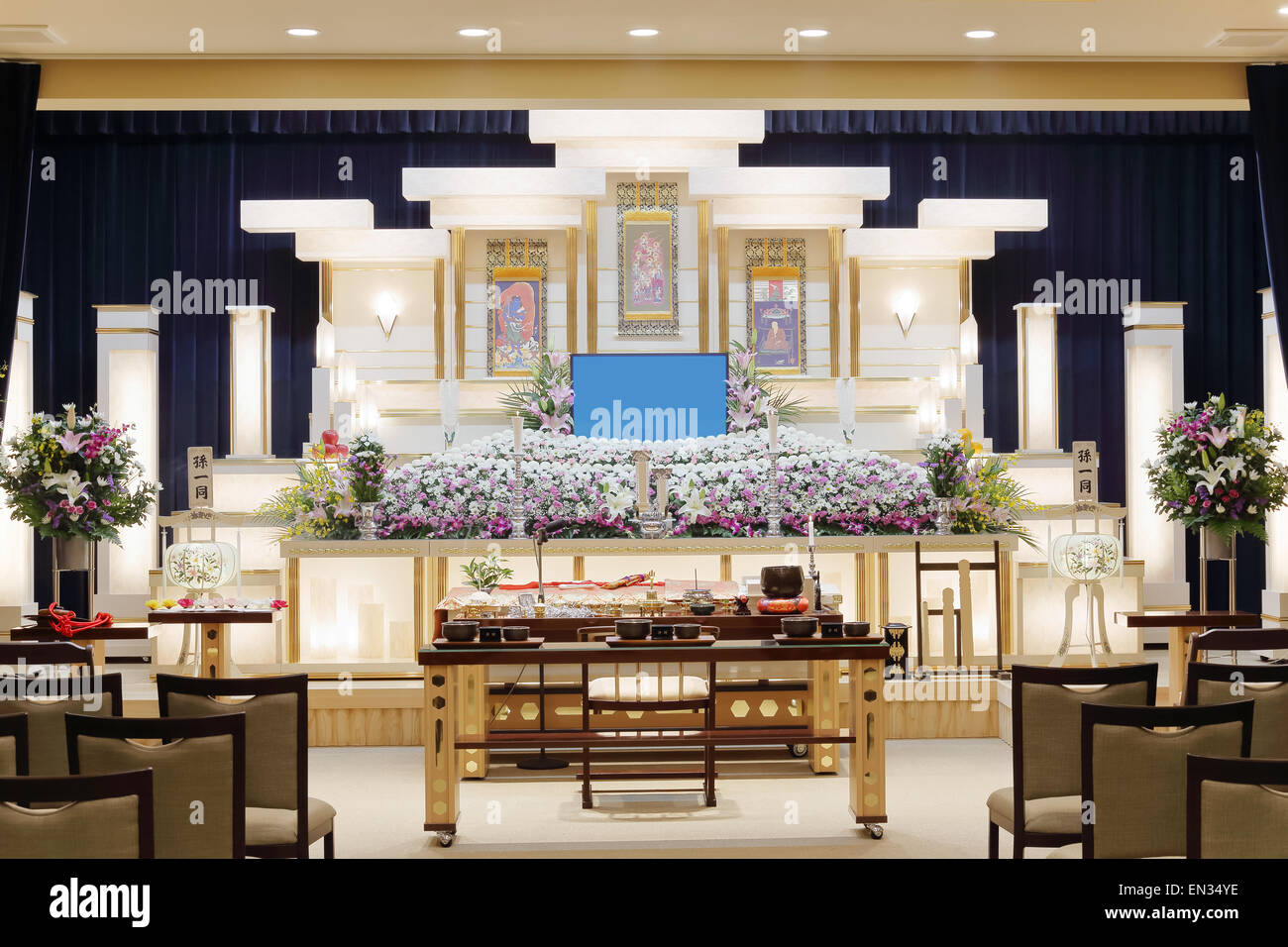 Funeral home interior with a classical wooden coffin Stock Photo - Alamy