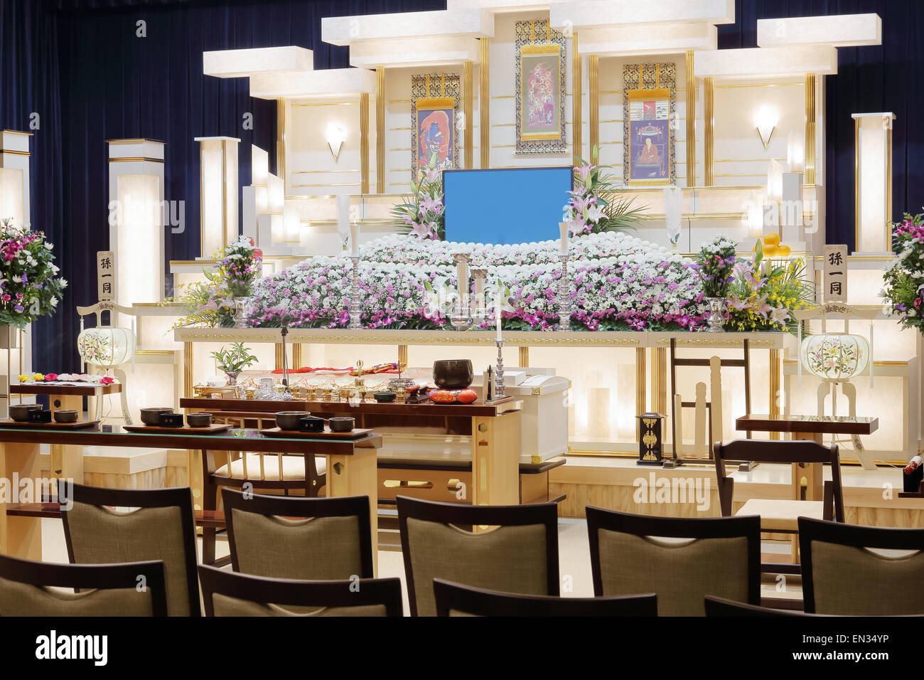 Funeral home interior with a classical wooden coffin Stock Photo - Alamy