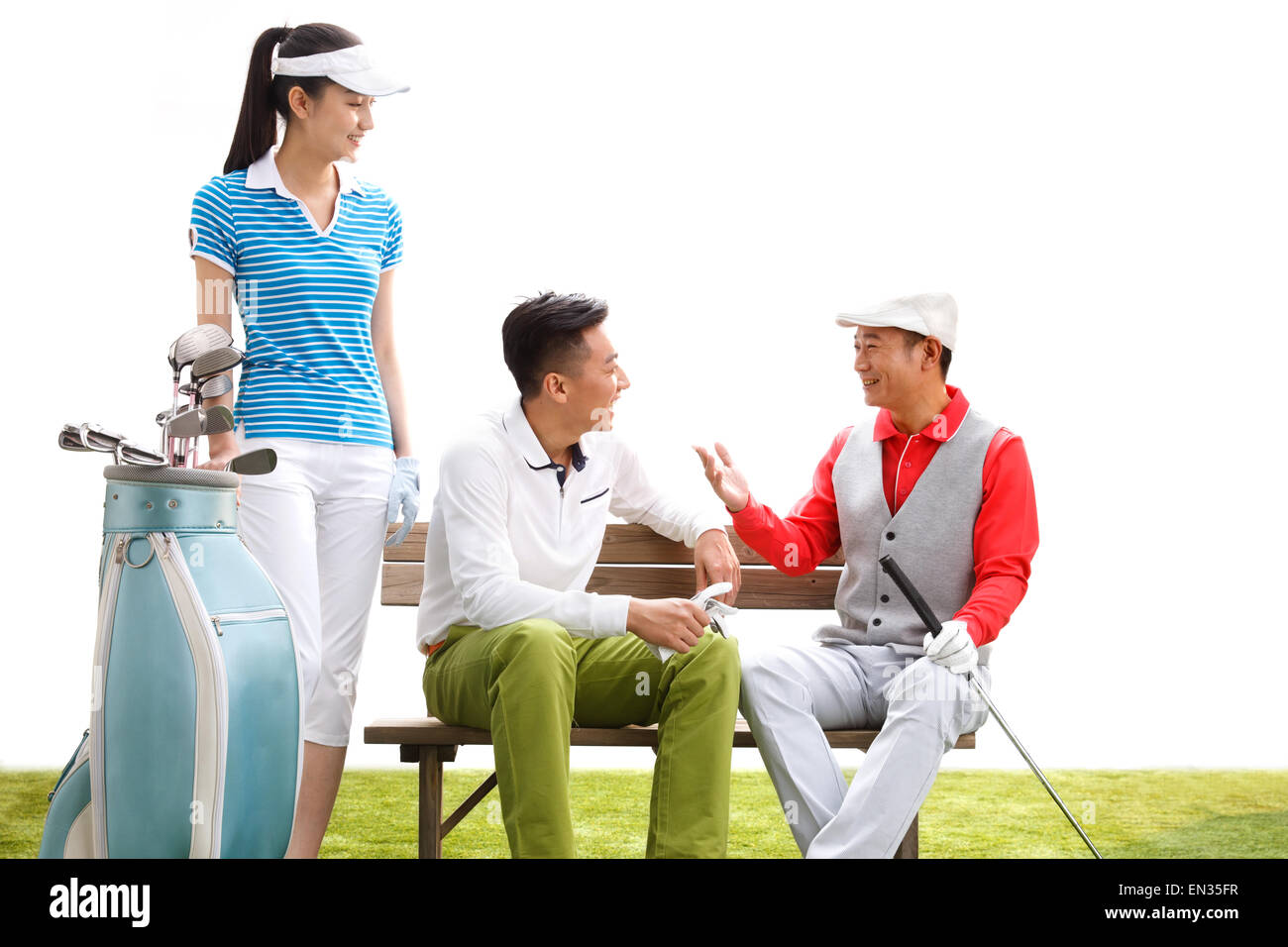 Golfers are sitting talking on the bench Stock Photo - Alamy