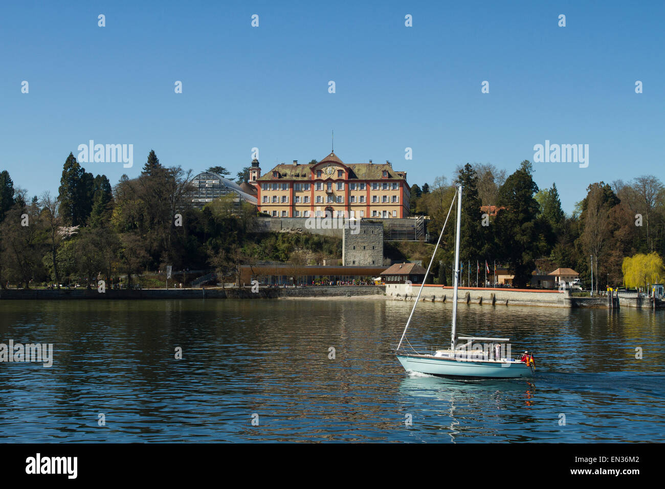 Schloss Mainau castle with sailing boat on Mainau Island, Lake ...