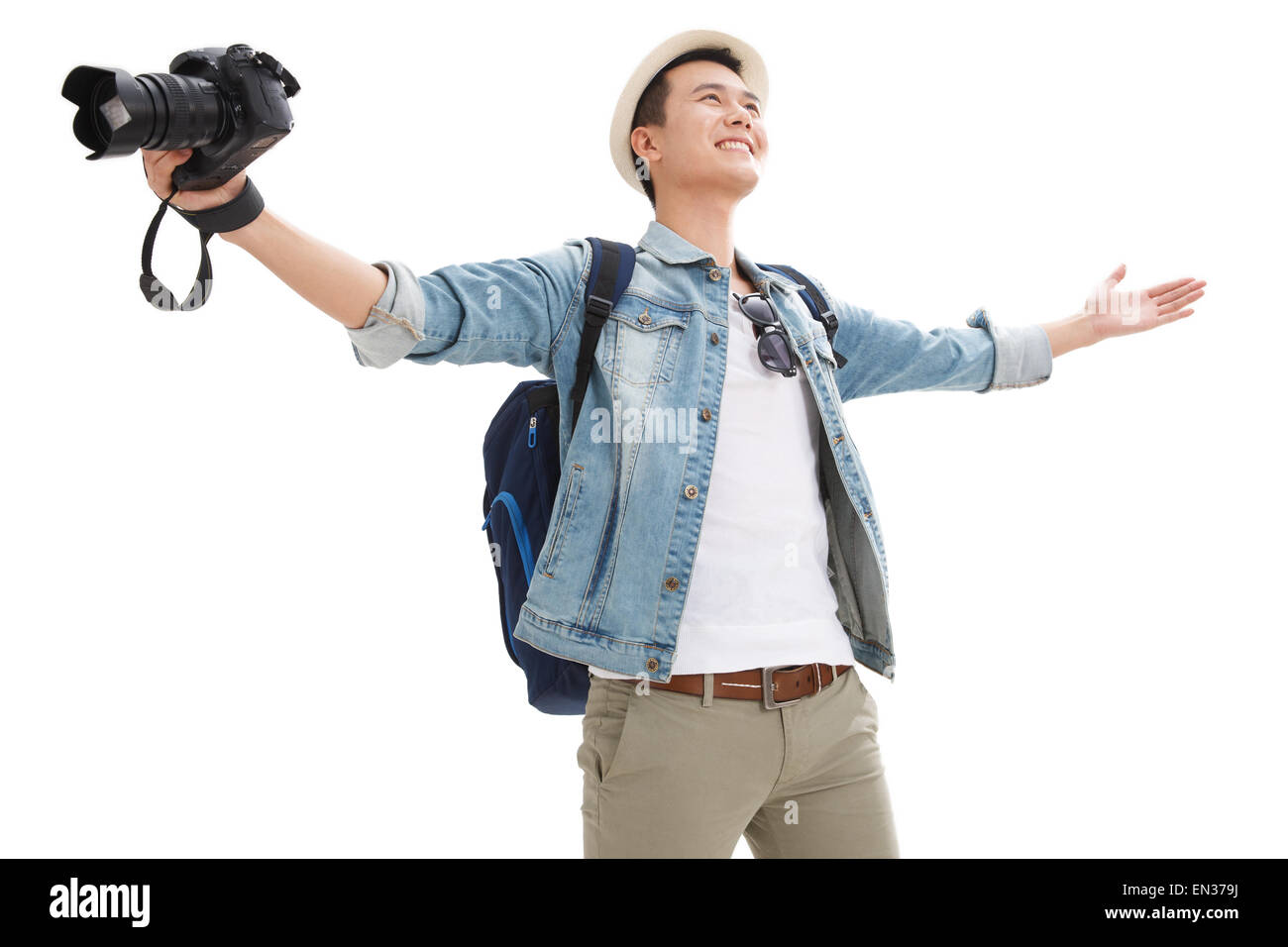The young man took the camera to travel Stock Photo - Alamy