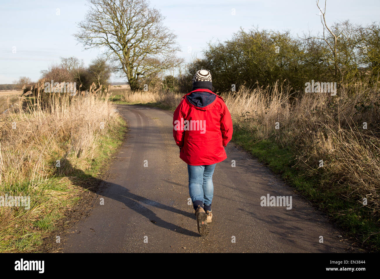Model released woman walking along country track, Butley, Suffolk ...