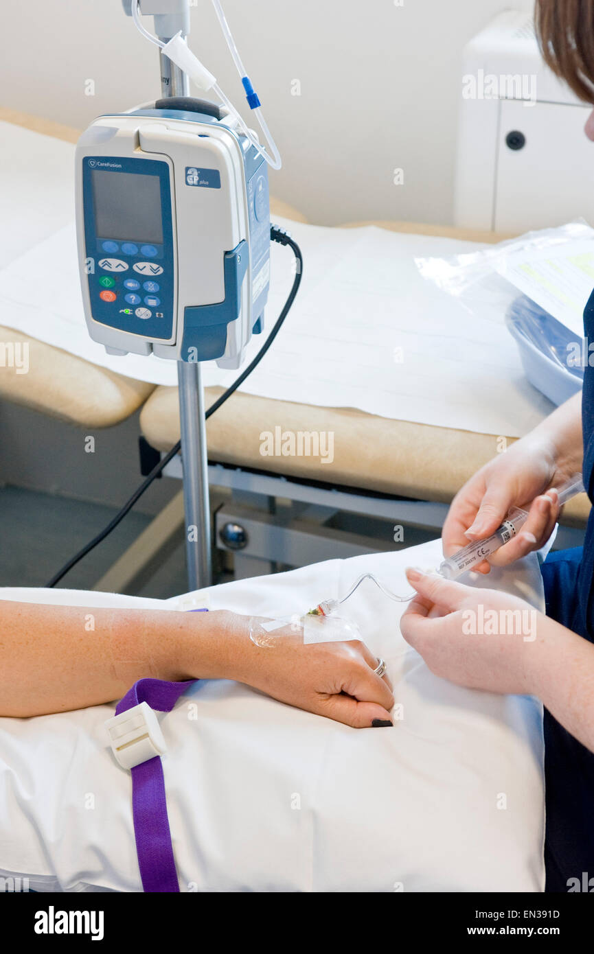 Close up of a cannula fitted and epirubicin infused for chemotherapy ...