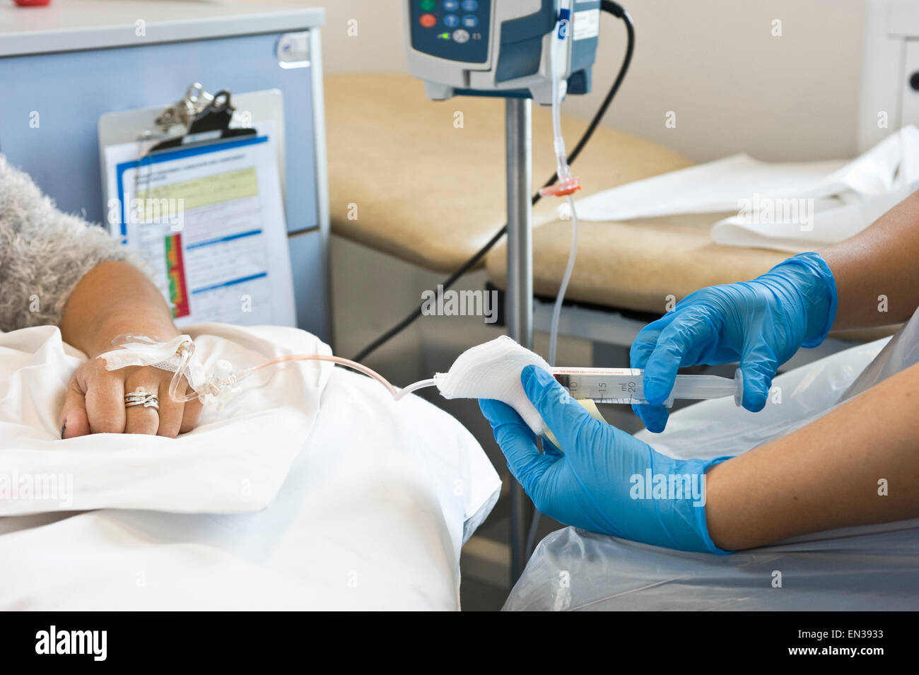Close up of a cannula fitted and epirubicin infused for chemotherapy ...