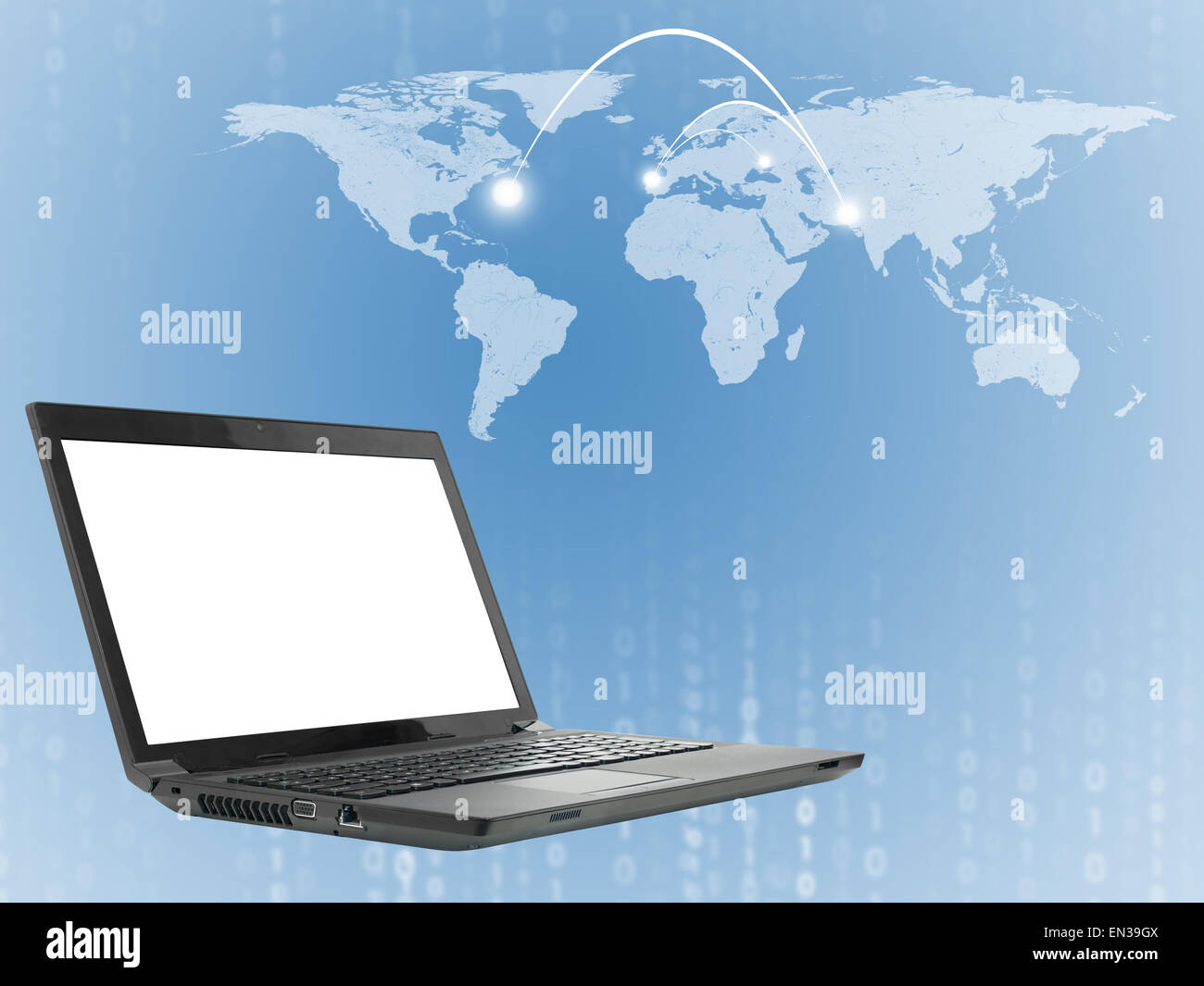 Laptop on abstract background with world map Stock Photo - Alamy