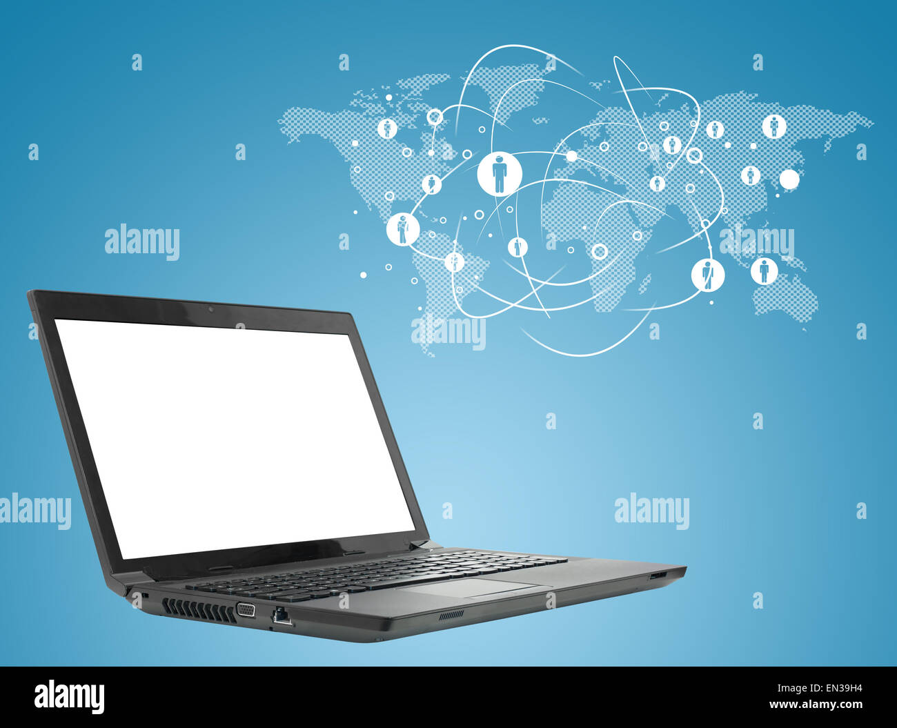 Laptop on abstract blue background with map Stock Photo - Alamy