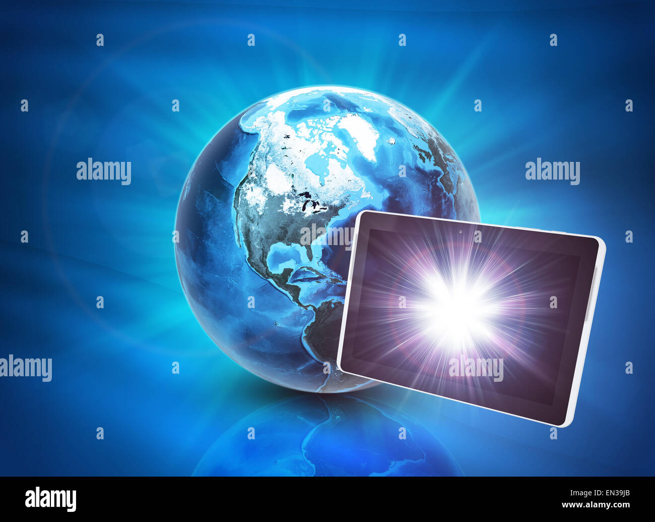 Earth and tablet on abstract blue background Stock Photo - Alamy