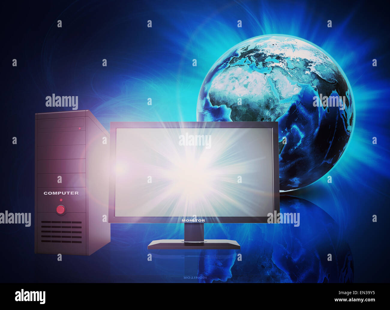 Earth on abstract blue background with PC computer Stock Photo - Alamy